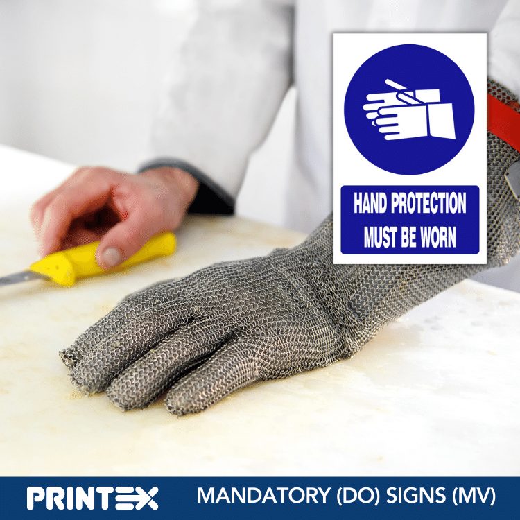 HAND PROTECTION MUST BE WORN SAFETY SIGN (MV005 A) - Mandatory Signs (MV)