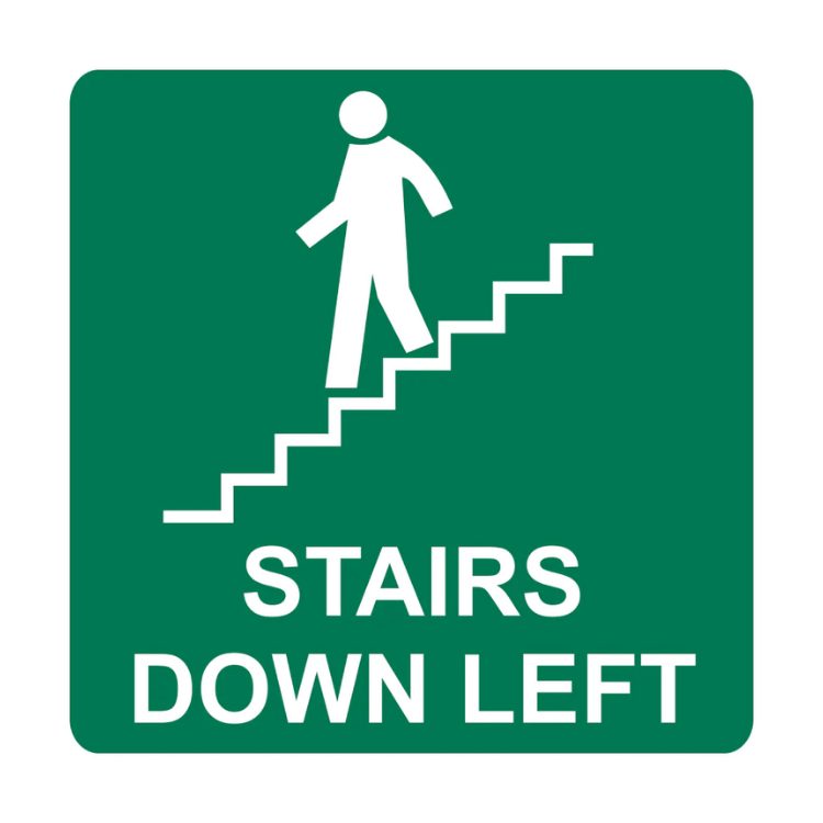 STAIRS GOING DOWN (LEFT) WITH WORDS SAFETY SIGN