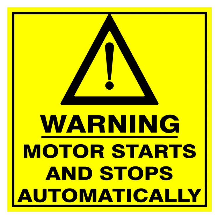 WARNING MOTOR STARTS AND STOPS AUTOMATICALLY SIGN